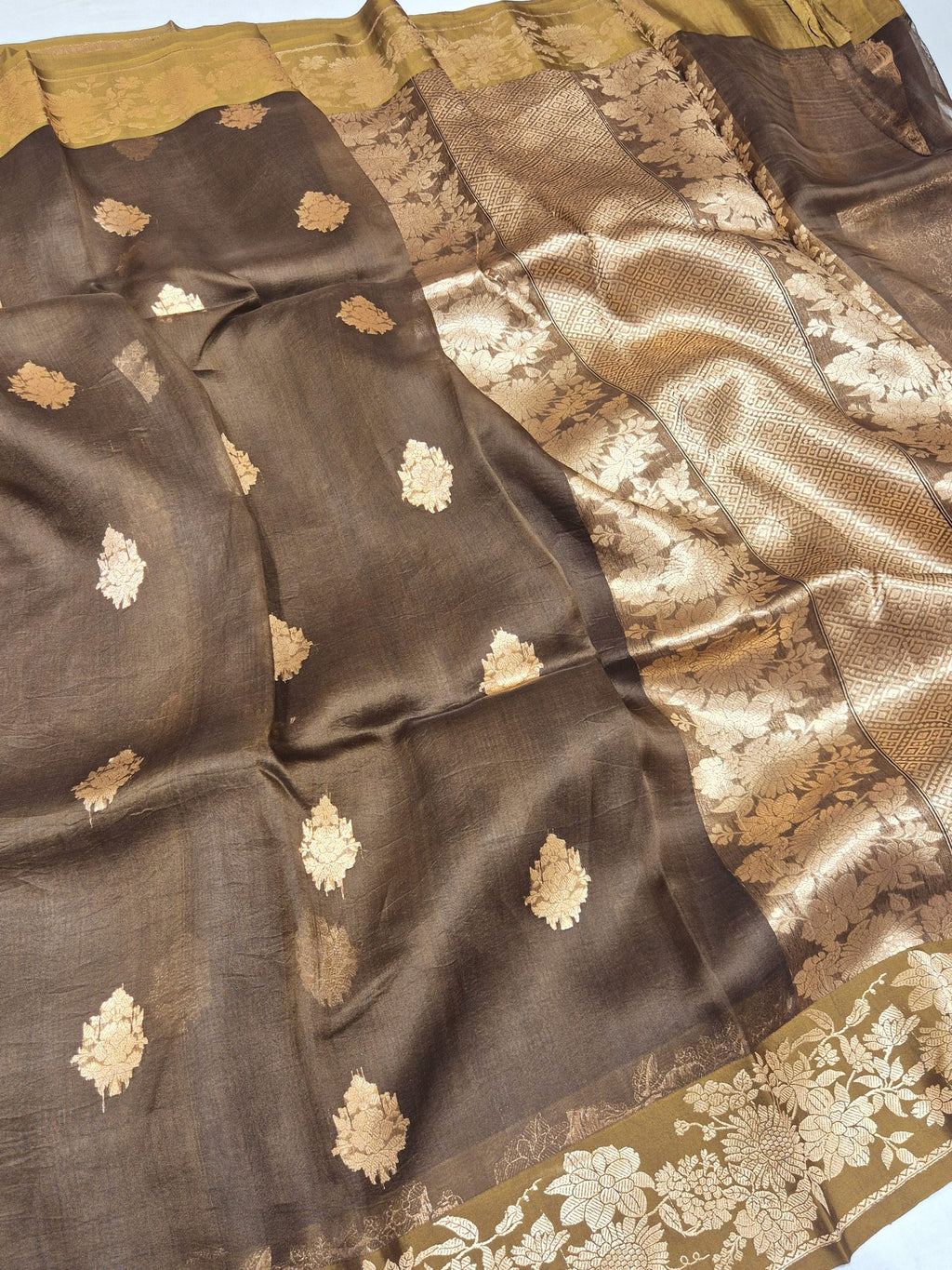 Olive Brown (Mannan-550M) Kora Silk Banarasi Saree –… – Hikayat Banaras