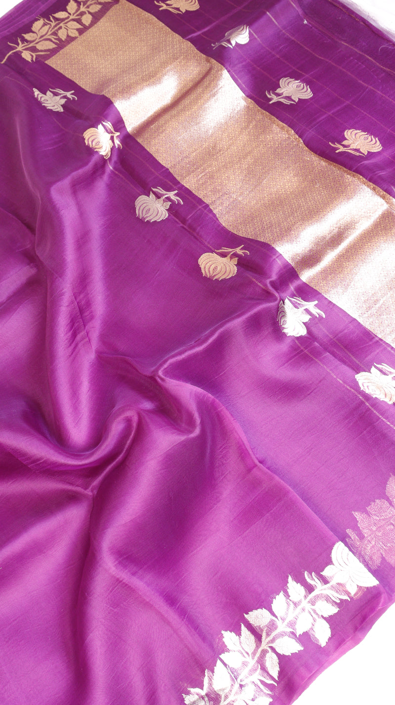 Magenta Pink Pure Kora Silk Handloom Saree with Stripe Blouse (Copy ...
